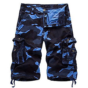 IDEALSANXUN Cargo Shorts for Men Casual Summer Bermuda Hiking Cotton Tactical Military Work Camo Cargo Pants, Camo Blue, 36