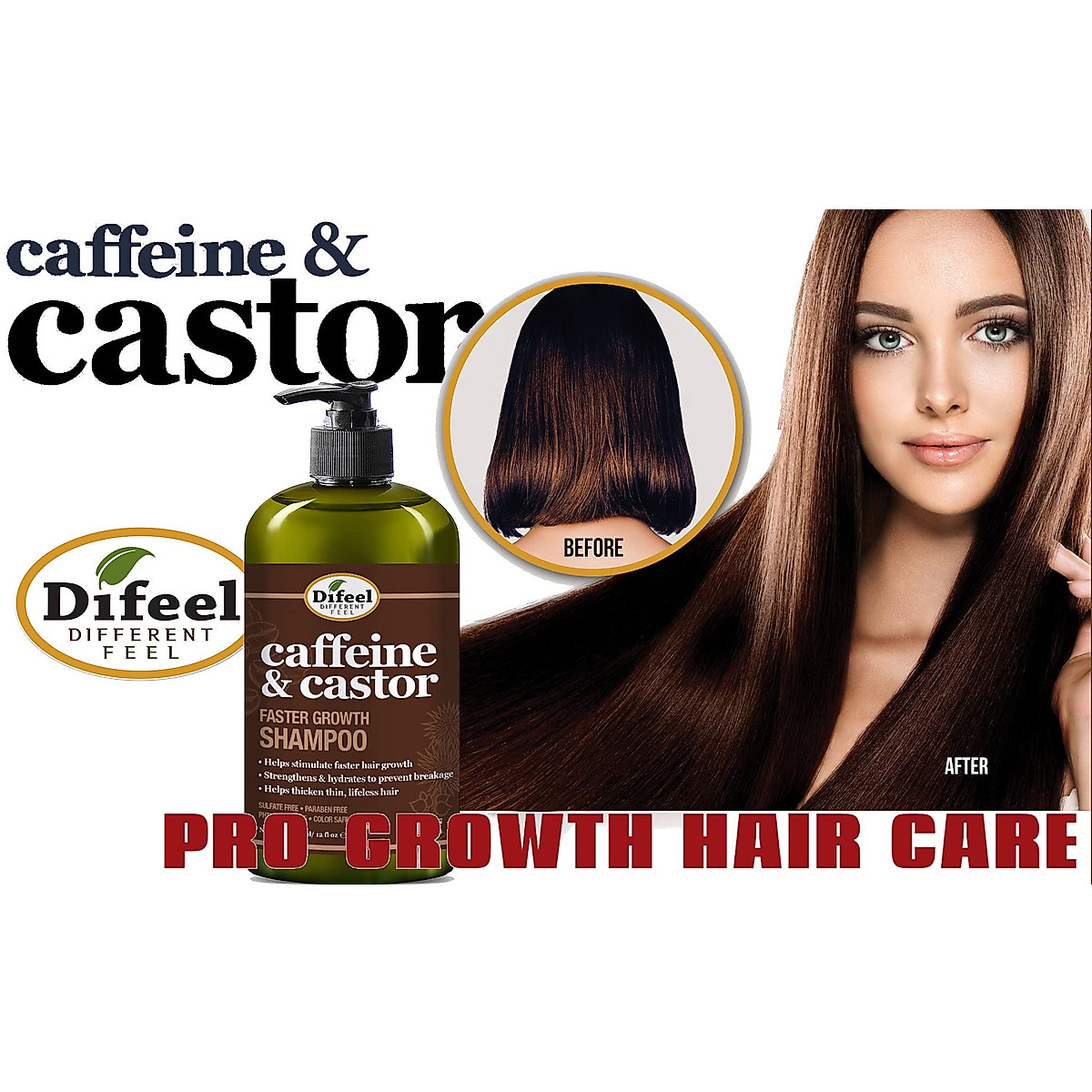 Difeel Caffeine & Castor Faster Growth Shampoo 12 oz., Made with Castor Oil for Hair Growth, Sulfate Free Shampoo