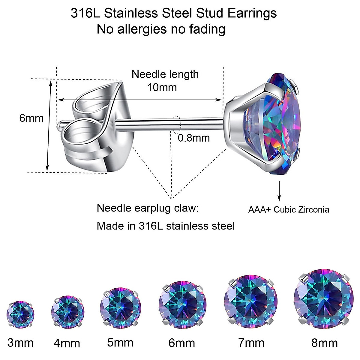 6 Pairs Stud Earrings Set, Hypoallergenic Cubic Zirconia Earrings 316L Stainless Steel CZ Earrings 3-8mm (Rainbow CZ)