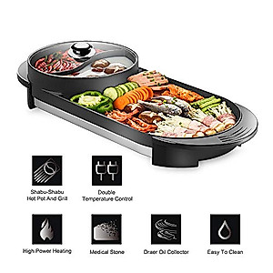 SEAAN Hot Pot with Grill, Hotpot Pot Electric Grill Indoor Shabu Shabu Pot Korean bbq Grill Smokeless, Separate Dual Temperature Contral, Capacity for 2-12 People, 110V