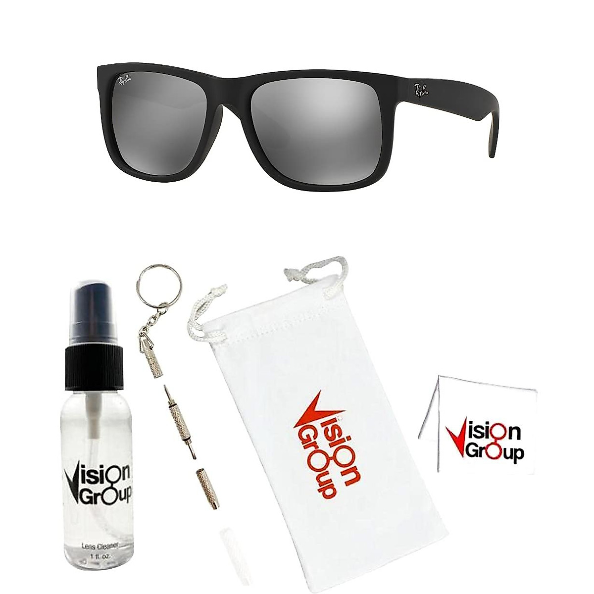 Ray-Ban RB4165 Justin Sunglasses + Vision Group Accessories Bundle for unisex-adult (Rubber Black/Grey Mirror Silver (622/6G),55)