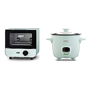 Dash DMTO100GBAQ04 Mini Toaster Oven Cooker for Bread, Bagels, Aqua & DRCM200GBAQ04 Mini Rice Cooker Steamer with Removable Nonstick Pot, Keep Warm Function & Recipe Guide, Aqua