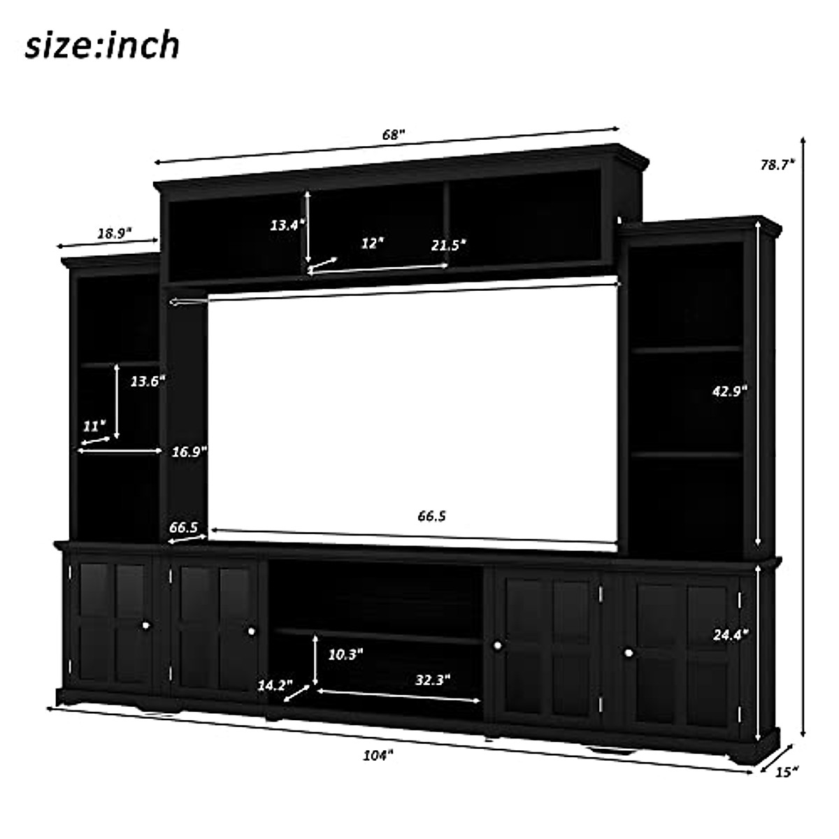 Mid-Century Entertainment Wall Unit for Living Room with Storage Bridge, TV Stand for 60 65 Inch TVs, Wood TV Media Console Table with Shelves, Gaming Entertainment Center with Bookshelves, Black