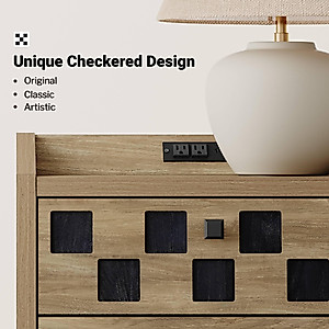 SICOTAS Wide Nightstands Set of 2 with Charging Station and USB-C Port, 24" Large Wood Night Stand with 2 Drawers, Bedside Table with Checkered Pattern Decor, End Side Table with Storage for Bedroom
