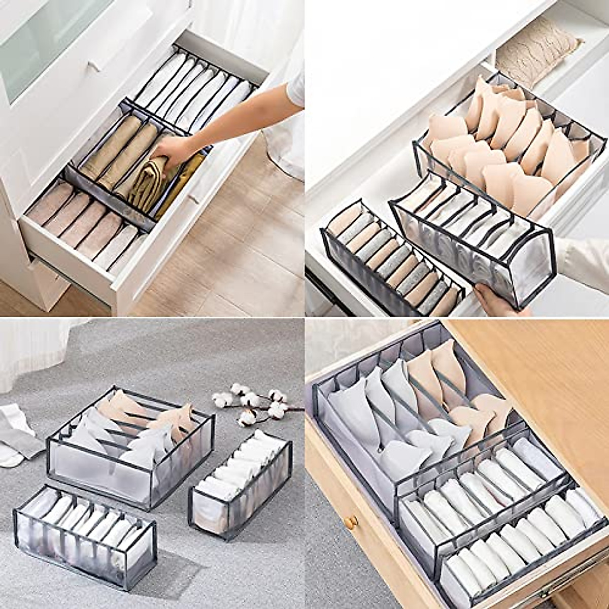 4Packs Wardrobe Clothes Organizer, Washable Drawer organizer Clothes, Folded Clothes Storage Organizer for Bedroom Dorm Room (4Packs:2Jeans+2Socks, Gray)