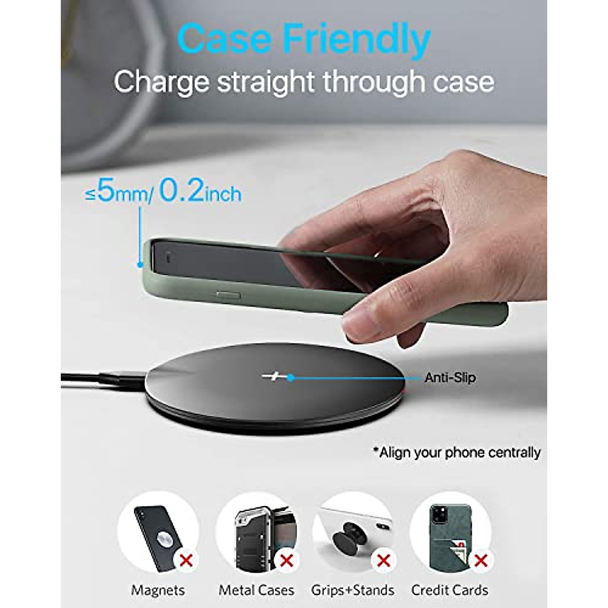 Wireless Charger, 15W Qi Fast Wireless Charging Pad Compatible with iPhone 14/13/13 Pro/13 Mini/13 Pro Max/12/11/ X/XS, Samsung Galaxy S22/ S21/ S20/ S10, Note 20/10, Pixel 6/5, LG (No AC Adapter)