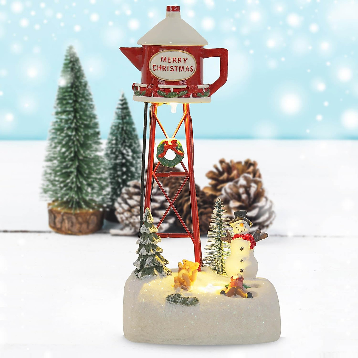 innodept12 New Christmas Village Watertower Lighted Accessories Decorations with Snowman, Dog and Boy Playing on The Ground