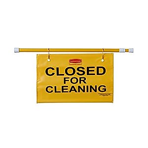 Rubbermaid Commercial Extend-to-Fit "Closed For Cleaning" Hanging Doorway Safety Sign, Yellow (FG9S1500YEL),10x2 inches