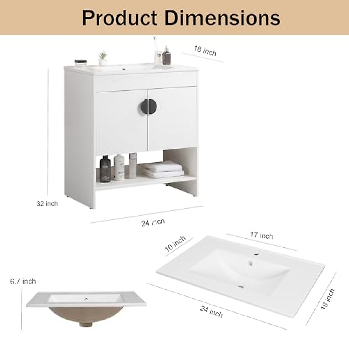 NOTOP 24" Bathroom Vanity with White Ceramic Sink Comb, Modern Freestanding Solid Wood Cabinet Set,Included Two Soft Close Doors with Black Zinc Alloy Handles & A Lower Open Shelf, 26IN