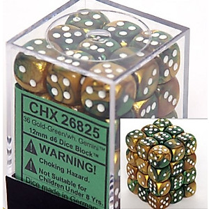 Chessex Dice d6 Sets: Gemini Gold & Green with White - 12mm Six Sided Die (36) Block of Dice
