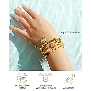 doubgood Gold Beaded Bracelets for Women, Stackable Gold Bracelets for Women Men 14K Real Gold Plated Stretch Bead Ball Bracelet with Letter Pendant M