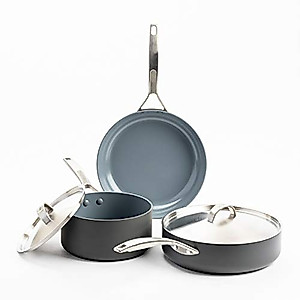 GreenPan Paris Pro Hard Anodized Healthy Ceramic Nonstick, 5 Piece Cookware Pots and Pans Set with Stainless Steel Lids, PFAS-Free, Dishwasher Safe, Grey