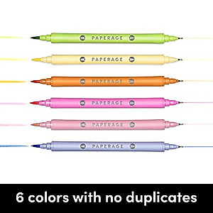 PAPERAGE Dual Tip Brush Pens (4.0mm Brush Tip + 0.5mm Fine Tip), Pastel, 6 Pack Dual Tip Brush Pen Set for Drawing, Hand-Lettering, Calligraphy, Journaling and More