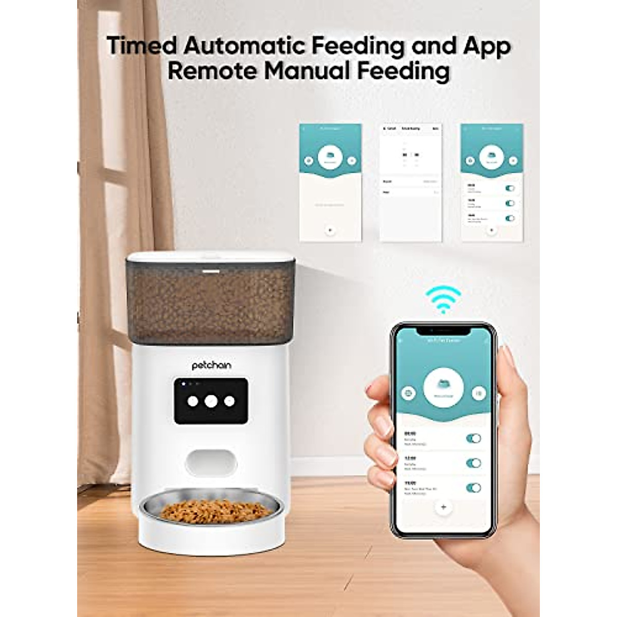 Petchain Automatic Cat Feeder, 4L WiFi Pet Food Dispenser for Cats and Dogs APP Control Auto Pet Feeder Up to 20 Portions15 Meals per Day, Low Food Alarm and 10s Voice Recorder for Pet