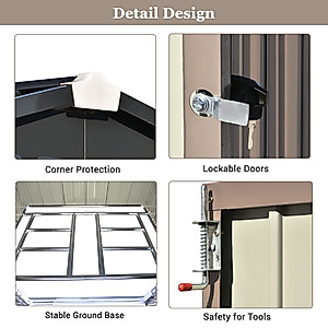 RITSU 8ft x 6ft Outdoor Garden Shed, Metal Storage Shed with Adjustable Shelf and Lockable Doors, Galvanized Steel Tool Cabinet with Vents and Foundation Frame Shed for Backyard, Lawn, Garden, Brown
