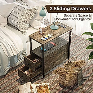 Rolanstar End Table with Charging Station, Narrow Side Table with 2 Wooden Drawers, USB Ports and Power Outlets, Nightstand Sofa Table for Small Spaces, Living Room, Bedroom, Gray