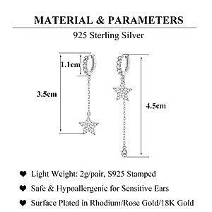 SLUYNZ 925 Sterling Silver CZ Star Dangle Hoop Earrings for Women Asymmetric Star Earrings Chain (A-Silver)