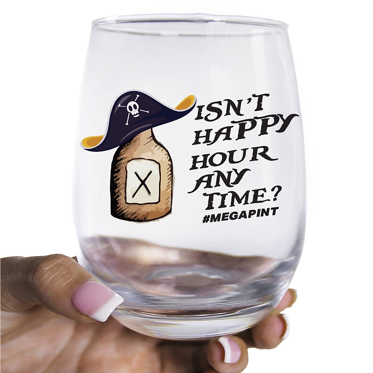 Patriots Cave Is Not Happy Hour Any Time? Pirate | Funny Novelty Stemless Wine And Beer Tumbler 15 oz. | Mega Pint | Justice For Johnny Anti Amber Mug | Johnny Depp Mug For Captain Jack Sparrow Fans