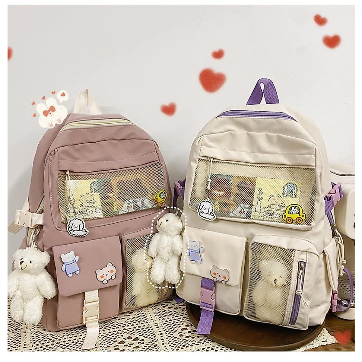 Zitouryo Girls Backpack with Cute Pin Accessories Plush Pendant Kawaii College Backpack Cute Aesthetic Backpack (Pink Backpack)