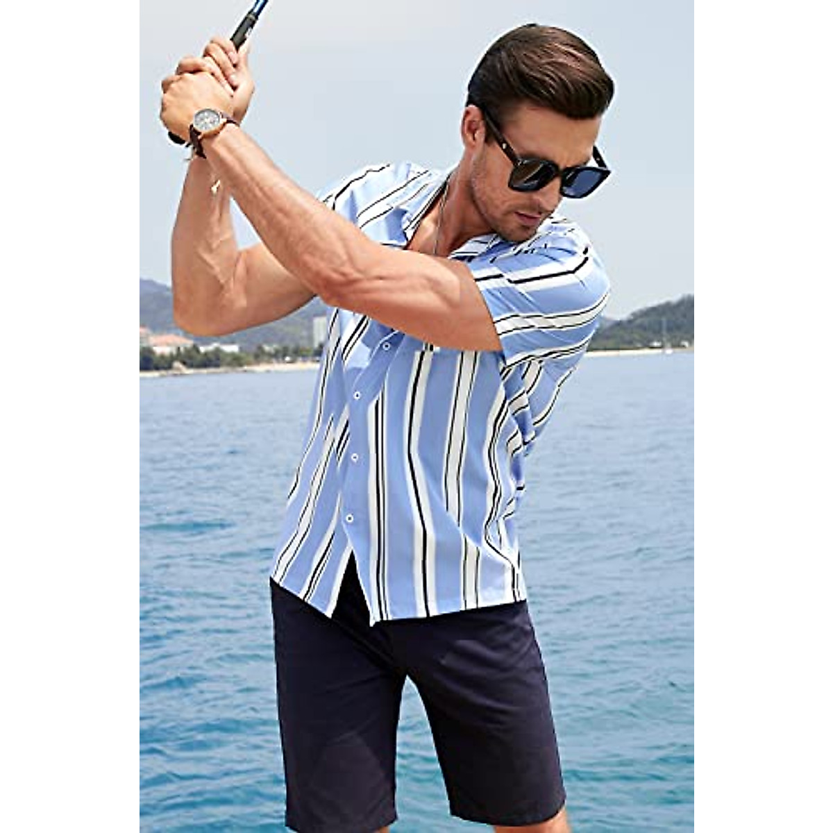 JMIERR Men's Hawaiian Striped Shirts Summer Casual Short Sleeve Button Down Beach Shirt with Pocket for Men, US 43(L), A2 Blue