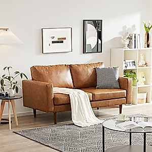 Kingfun 65" W Faux Leather Loveseat Sofa Couch, Love Seat Sofas and Couches for Living Room Bedroom Office and Small Spaces, Mid Century Modern Decor Love Seats Furniture with Solid Wood Leg,Brown