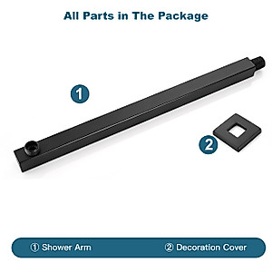 Midanya Matte Black 16-Inch Shower Arm Rainfall Shower Head Extension Extender with Flange Square Shaped Stainless Steel Wall Mounted Bathroom