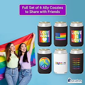 Super Vibrant, Be Proud LGBTQIA Coolies 6 Pc Set. Gay Pride Premium Soda Can Cooler Pack. Collapsible LGBTQ Ally Neoprene Novelty Drink Sleeves for Pop, Wine Coolers, Beer and Other Canned Beverages