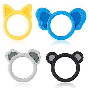 GROBRO7 4Pcs Silicone Baby Teether Toy Elephant Dog Koala Monkey Shape Teeth Relief Toys Infants Teething Chewing Ring Sensory Oral Chew Tools for Newborn Babies Shower Birthday Christmas Gift