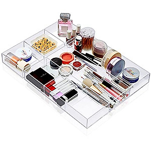 Clear Drawer Organizer 2 Pieces 6 Section Clear Desk Organizer with Dividers 3 Section Acrylic Makeup Tray Divided Clear Drawer Inserts Sectioned Organizer Tray Makeup Organizer Drawers Storage