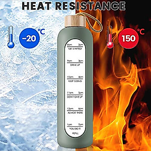 PROBTTL 32 Oz Borosilicate Glass Water Bottle with Time Marker Reminder Quotes, Leak Proof Reusable BPA Free Motivational Water Bottles with Silicone Sleeve and Bamboo Lid