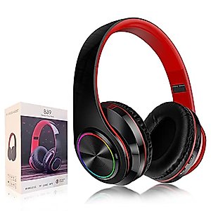 YTDTKJ Bluetooth Over Ear Headphones, Foldable LED Stereo Headphones with Built-in Microphone, Noise-Cancelling Wireless Headset for PC/Smart Phone/TV (Black & Red)