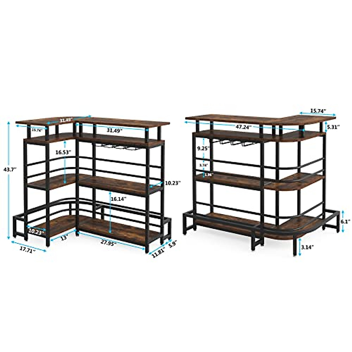 Tribesigns Home Bar Unit, L-Shaped Liquor Bar Table with 4 Glasses Holders and 4 Tier Shelves, Wine Bar Cabinet Mini Bar for Home Kitchen Pub, Freestanding Coffee Bar Table with Footrest, Rustic Brown