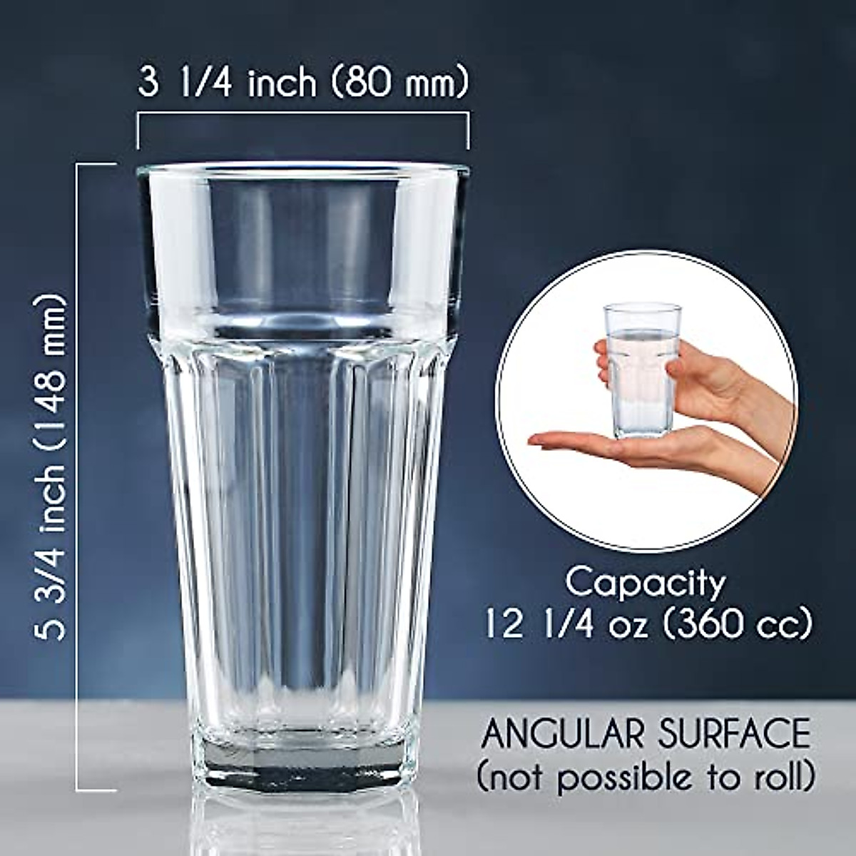 Volarium Drinking Glasses Set of 6, Premium Lead-Free Clear Iced Tea Glasses, Heavy Base Highball Glass Tumbler Set for Drinking Water, Cocktail, Juice, Milkshake, Coke, Soda, 12 ¼ oz