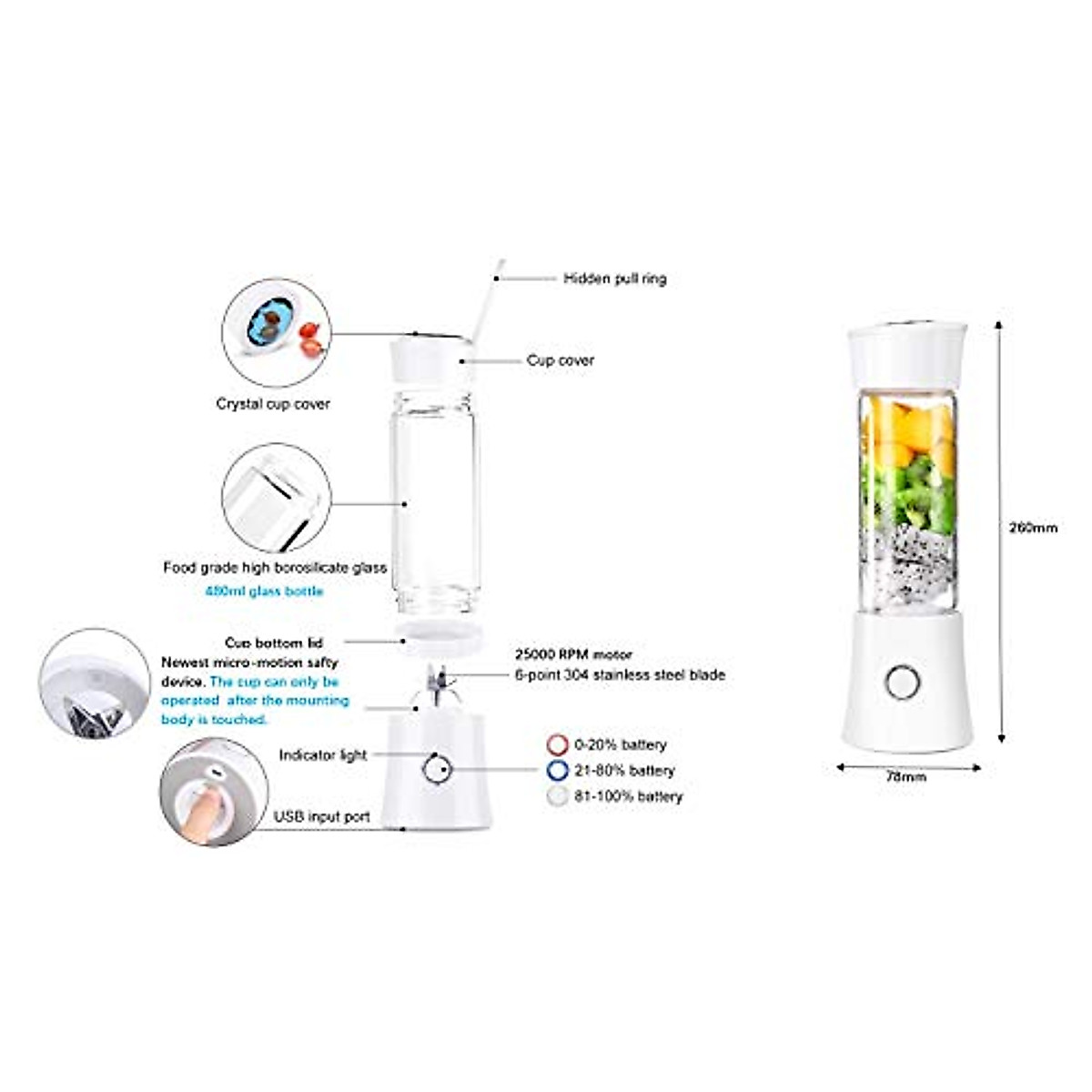 Portable Blender, Smoothie Blender with 16oz Travel Glass Cup and Lid 4000mAh Battery 7.4V Strong Power Personal Size Blender USB Rechargeable Mini Juicer Cup Travel Blender for Shakes and Smoothies with Stainless Steel 6 Blades BPA Free(White)