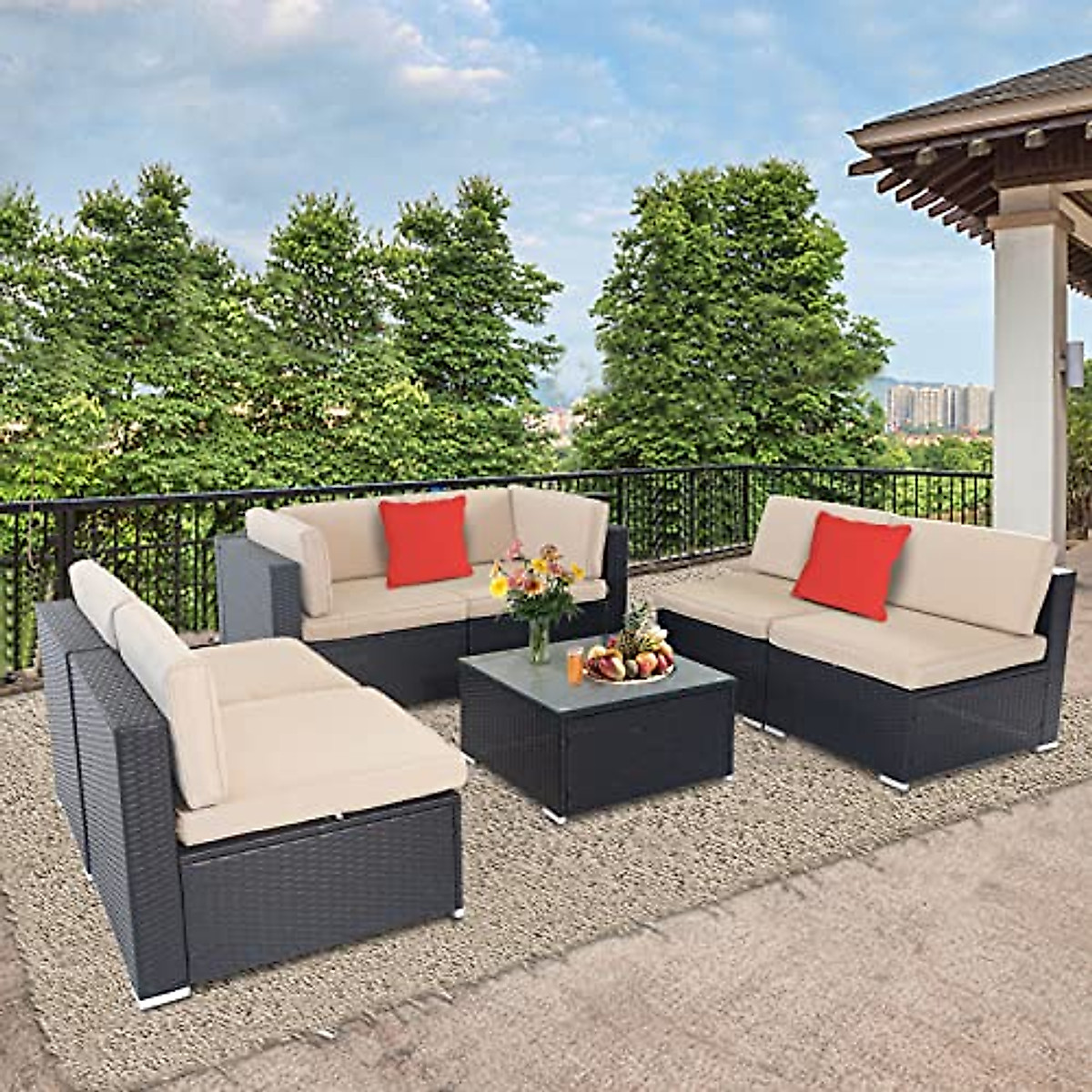 Crownland 7-Piece Outdoor Patio Furniture Sets, All-Weather Black Wicker Rattan Sectional Sofa, Modern Glass Coffee Table and Washable Seat Cushion with YKK Zipper (Beige)