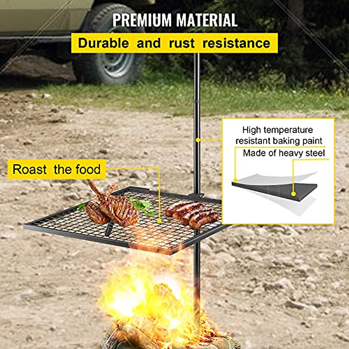 VEVOR Swivel Grill, Heavy Duty Steel Campfire Grill,Single Layer Open Fire Grill, 24" x 24" Campfire Swivel Grill with Heat Dissipation Handle, Campfire Grill Stake for Outdoor Open Flame Cooking