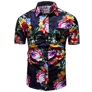 TUNEVUSE Mens Hawaiian Shirts and Shorts Set 2 Pieces Tropical Outfits Pineapple Printed Beach Shirt Suit with Bucket Hats Navy 3X-Large