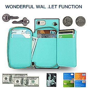 DEFBSC Zipper Wallet iPhone 8 Case, iPhone 7 Case, iPhone SE 2020/ SE 2022 Case, PU Square Wallet Case with Crossbody Chain Credit Card Holder Slot Shoulder Handbag Purse Wrist Strap Case(Green)