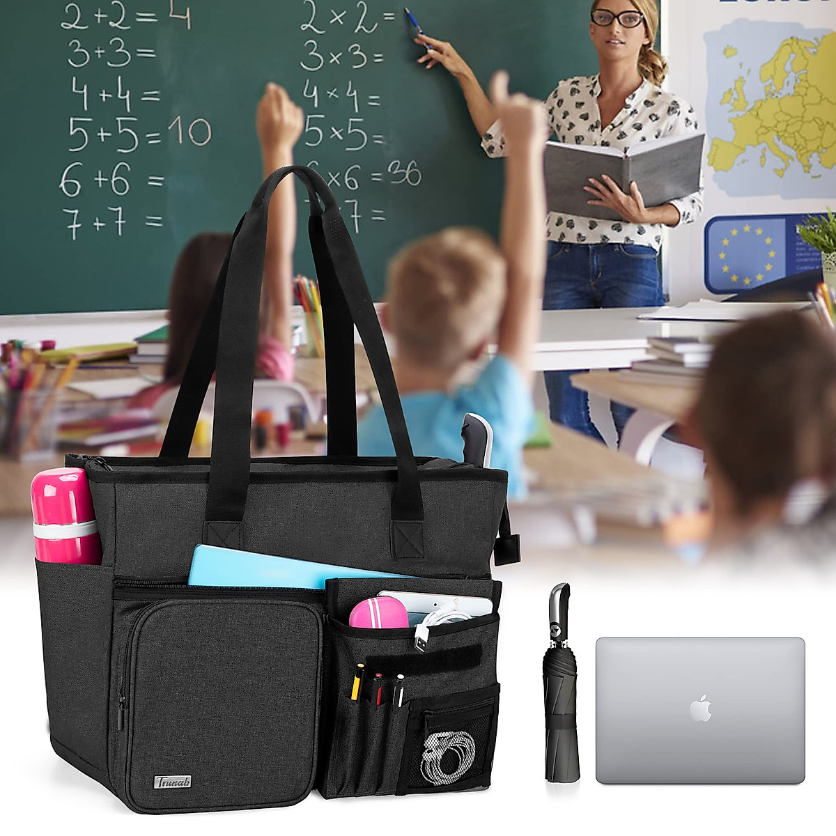 Trunab Teacher Tote Bag, Teacher Work Bag with Multiple Pocket and Padded Compartment for up to 15.6”Laptop, Zip Top Utility Carrying Bag for Working Women, Travel, Office, Business, Black