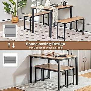 Giantex Dining Table with Bench, Modern Studio Collection Table with 2 Benches, Kitchen 3Pcs Bench Dining Table Set with Metal Frame for Living Room, Kitchen, Small Space