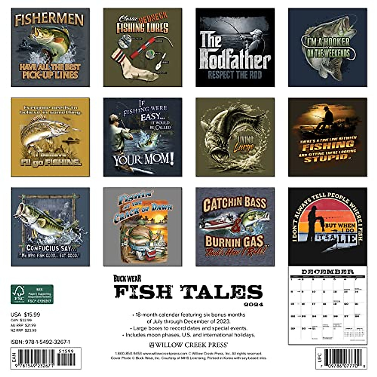 Willow Creek Press Buck Wear's Fish Tales Monthly 2024 Wall Calendar (12" x 12")