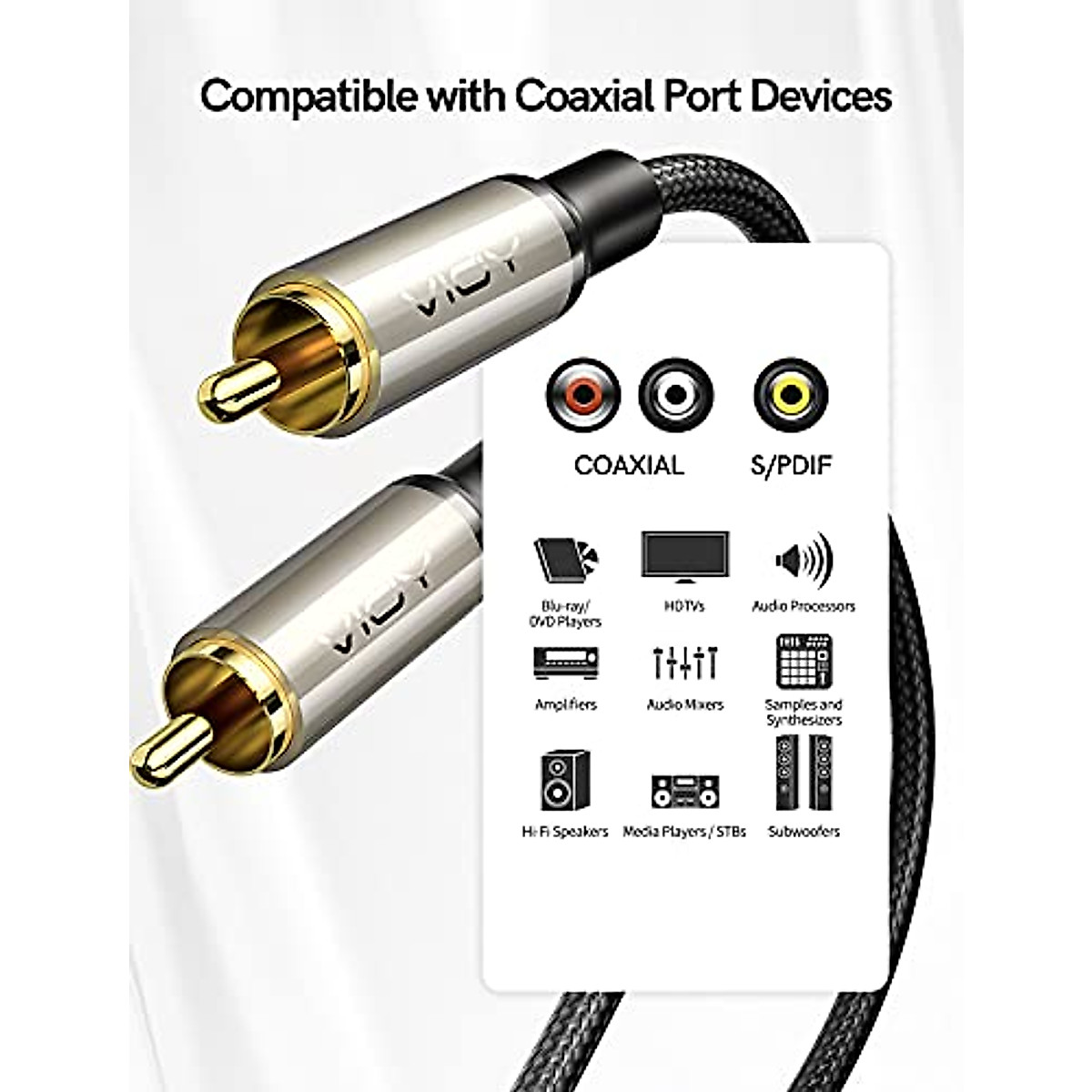 VIOY Coaxial Digital Audio Cable (3.3FT/1M), [Gold-Plated & Braided] Subwoofer Cable RCA Male to Male HiFi 5.1 SPDIF Stereo Audio Cable for Home Theater, HDTV, Amplifier Speaker Soundbar