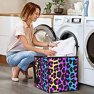 Blueangle Neon Gradient Leopard Print Cube Storage Bin with Handles, 13 x 13 x 13 in, Large Collapsible Organizer Storage Basket for Home Décor（945）