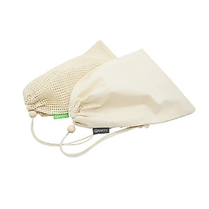 QRAFTY | Organic Cotton Produce Bags | Pack of 7 + 1 | Compact, Biodegradable, Food Safe Mesh & Muslin Bag Set | Reusable and Washable | Ultra Strong, Drawstring Bags for Grocery Shopping