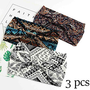 Aceorna Boho Bandeau Headbands Wide Knot Hair Band Stretch Turban Head Wraps Fashion Hair Accessories for Women 3 Pcs (Retro)