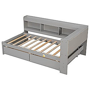 BIADNBZ Twin Size Platform Bed Daybed with L-Shaped Bookcases and 2 Drawers, Wooden Captain Bedframe w/Storage Headboard, for Kids Teens Adult, Bedroom/Living Room Furniture, Gray