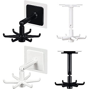 4pcs 360° Rotating Folding Self Adhesive Hooks with 180° Vertical Flip Claws for Bathroom Kitchen Office Towel (2 Black + 2 White)