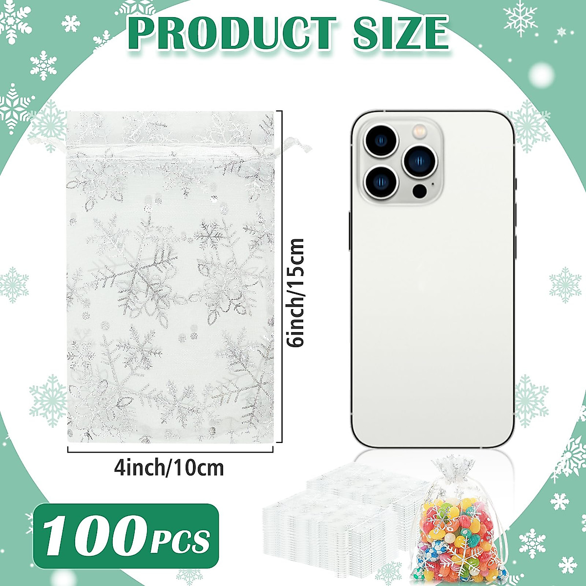 100Pcs Christmas Organza Bags, 4x6 Organza Gift Bags Snowflake Mesh Drawstring Gift Bags for Xmas Wedding Party Favor, Jewelry Candy Goodie Bags