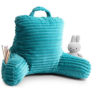 Clara Clark Reading Pillow for Kids – Back Pillow for Sitting in Bed, Plush Bed Pillows for Sitting Up in Bed, Teal Kids Reading Pillow, Shredded Foam Bed Chair Pillow with Arms and Pockets