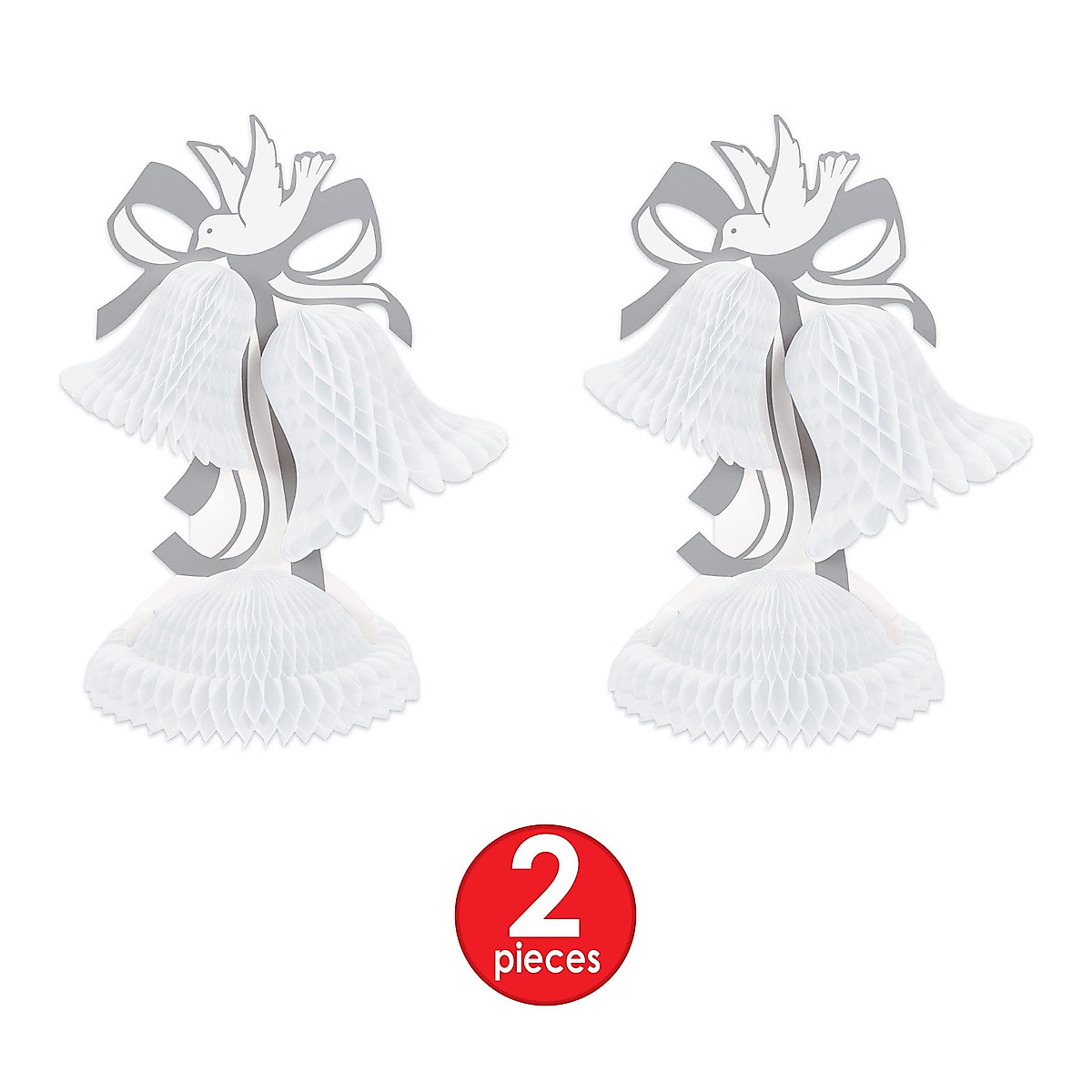 Beistle 2 Piece Honeycomb Tissue Bell Centerpieces for Wedding Decorations, Bridal Shower Décor, Anniversary Party Supplies, 12", White/Silver